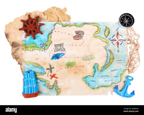 Treasure Map With Sea Accessories Isolated On White Stock Photo Alamy