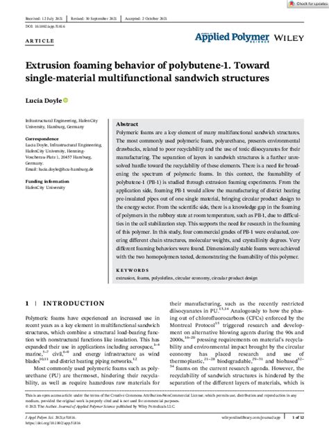 Pdf Extrusion Foaming Behavior Of Polybutene 1 Toward Single Material Multifunctional