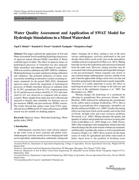 Pdf Water Quality Assessment And Application Of Swat Model For Hydrologic Simulations In A