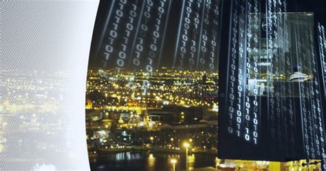 composition of binary coding over cityscape at night and white edge
