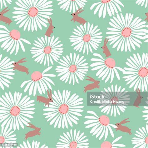 화이트 코스모스와 래빗 일러스트레이션 모티프 원피스 리뉴브 반복 패턴 디지털 파일 아트워크 홈 데코 프린트 패션 패브릭 표면 디자인 섬유 0명에 대한 스톡 벡터 아트 및