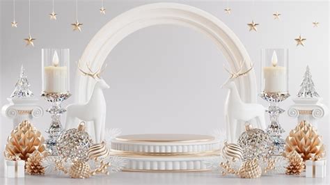 3d 렌더링 일러스트레이션 연단 겨울 크리스마스 축제 크리스마스 트리 산타 클로스 선물 상자 리본 공 눈 제품 판촉 판매 프리젠 테이션 받침대 배경색에 3d 렌더링 12월에