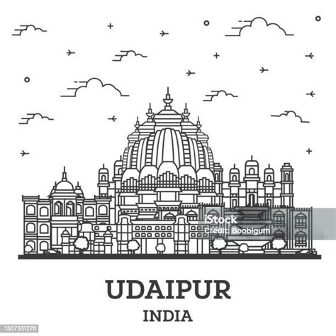 우다이푸르 인도 시티 스카이라인을 화이트에 고립된 역사적인 건물로 간략하게 설명합니다 우다이푸르에 대한 스톡 벡터 아트 및 기타 이미지 우다이푸르 라자스탄 주 외형선