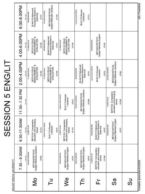 Englit Teaching Timetable Session 5 Only Pdf
