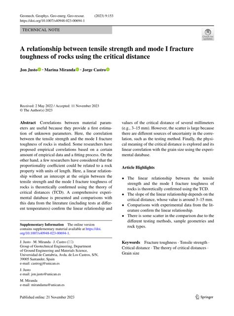 Pdf A Relationship Between Tensile Strength And Mode I Fracture