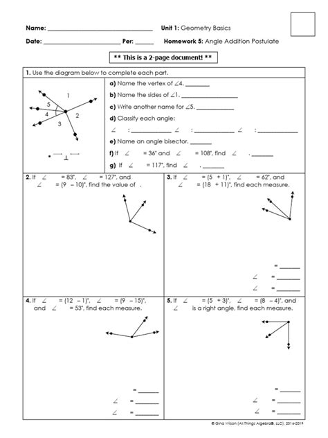 Hw 5 Angle Addition Postulate 1 Pdf Angle Geometry