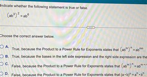 [answered] indicate whether the following statement is true or false ab