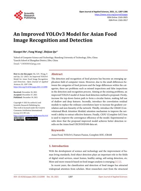 Pdf An Improved Yolov3 Model For Asian Food Image Recognition And Detection
