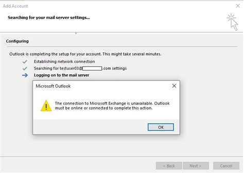 error from microsoft outlook when settings to email the connection to