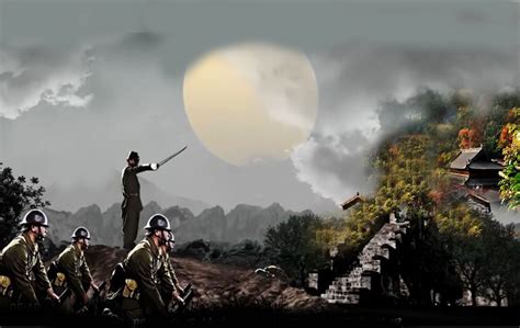 一个日本军官，举着指挥刀。四个戴钢盔的日本军人，对着高山密林中，石砌台阶之上的寺庙开炮。寺庙旁炮火浓 豆友5kbm的以图出图 通用模式作品