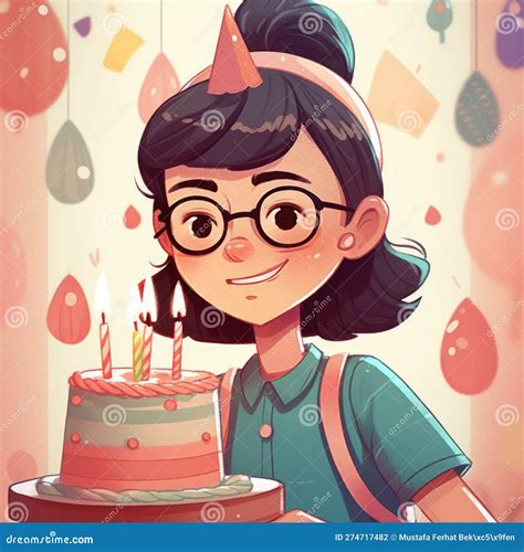 A Girl Is Holding A Cake While Celebrating A Birthday Cartoon