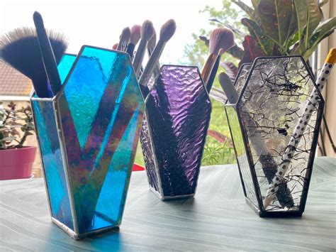 Stained Glass Makeup Brush Holder Coffin Shaped Desk Tidy Etsy