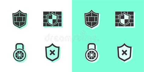 Set Shield With Cross Mark Brick Wall Safe Combination Lock And Icon Vector Stock Vector