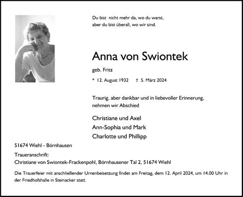 Traueranzeigen Von Anna Von Swiontek Wirtrauern