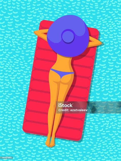 젊은 여자 여자 문자 웃는 행복 한 거짓말을 편안 하 고 일광욕 하 고 수영장에서 풍선 매트리스에 수영 Selfie 사진 여름 시간 계절 휴일 휴가 개념 벡터 계절에 대한
