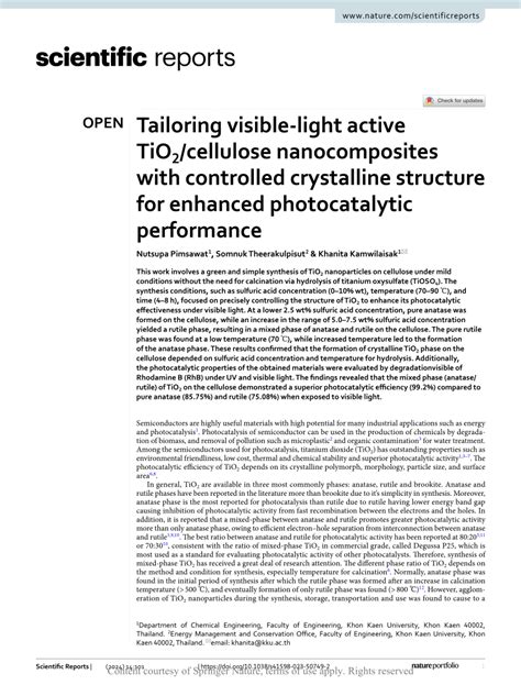 Pdf Tailoring Visible Light Active Tio2cellulose Nanocomposites With Controlled Crystalline