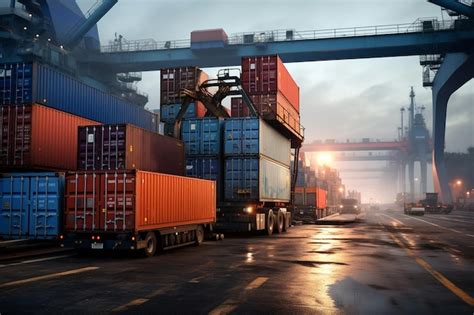 Container Terminal Operations With Crane Lifting Container Premium AI Generated Image