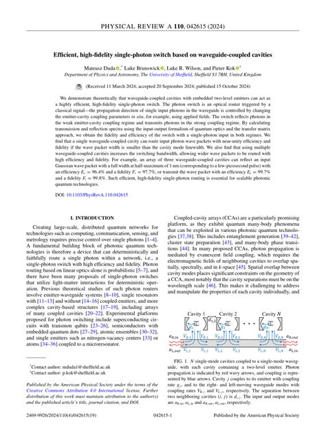 Pdf Efficient High Fidelity Single Photon Switch Based On Waveguide Coupled Cavities