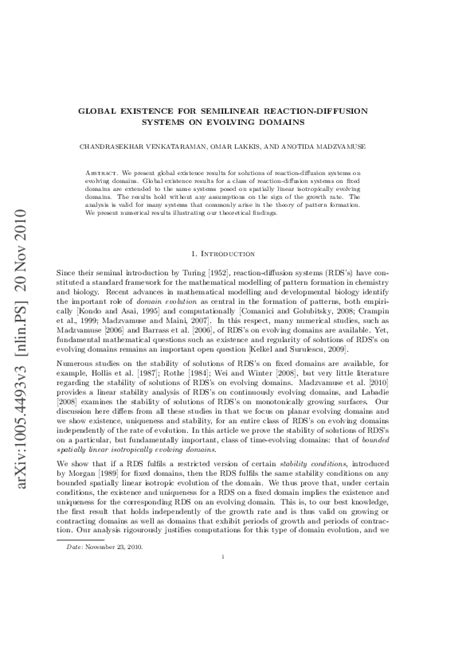 Pdf Global Existence For Semilinear Reaction Diffusion Systems On Evolving Domains