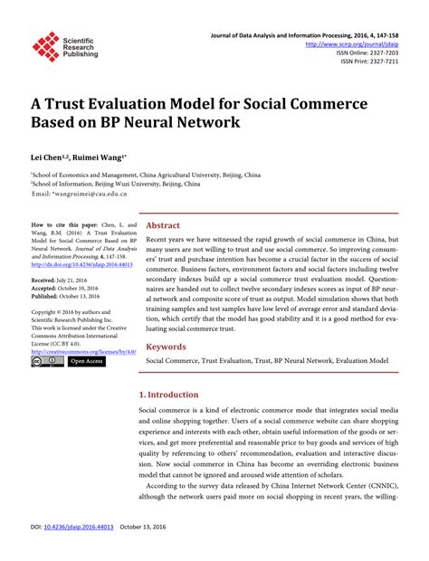 Pdf A Trust Evaluation Model For Social Commerce Based On Bp Neural Network