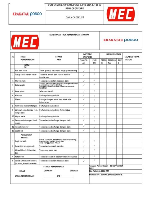 Checklist Pemeriksaan Kendaraan | PDF
