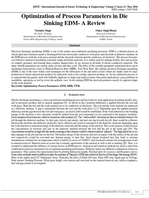 Optimization Of Process Parameters In Die Sinking Edm A Review Pdf Electron Machining