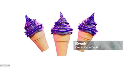 흰색 배경에 고립 된 현실적인 아이스크림 와플 콘에 블루베리 맛의 아이스크림 3d 렌더링 3차원 형태에 대한 스톡 사진 및 기타 이미지 Istock