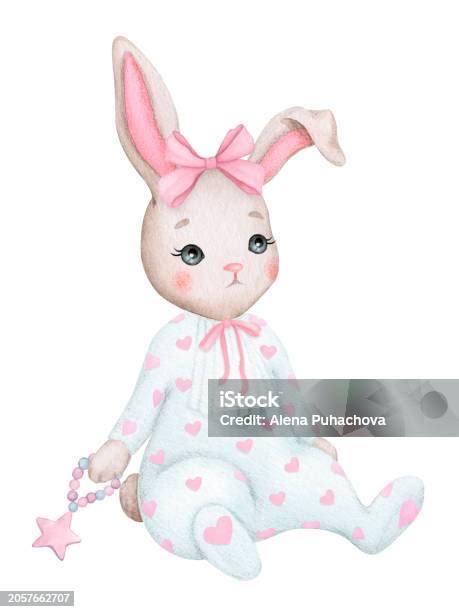 잠옷을 입은 귀여운 토끼 소녀 어린이용 일러스트입니다 손으로 그린 수채화입니다 베이비 샤워 생일 어린이 파티 인쇄 초대장 포스터 인사말 카드 로고 엽서 등의 클립아트 0명에