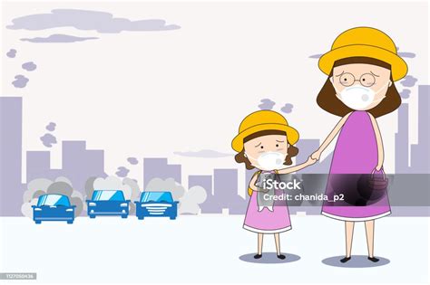 엄마와 딸 학교에 산책 하 고 오후 25 먼지 측정기에 도시에서 대기오염을 방지 하기 위해 N95 마스크를 착용 개념 평면 스타일 벡터 일러스트 레이 션 환경 영향eps