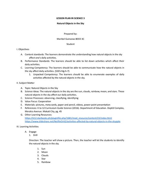 Lesson Plan In Science 3 Natural Objects In The Sky Lesson Plan In