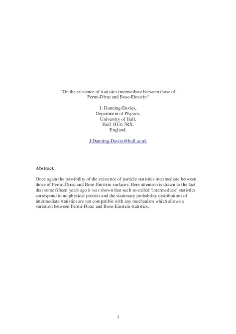 Pdf On The Existence Of Statistics Intermediate Between Those Of Fermi Dirac And Bose Einstein
