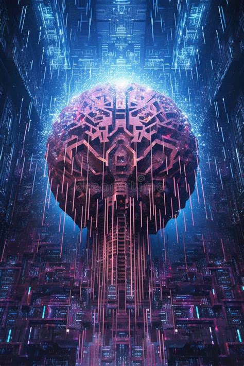 digital brain with binary code and neural network stock illustration