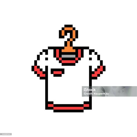 흰색 배경에 격리된 옷걸이에 흰색과 빨간색 반팔 크루넥 셔츠의 픽셀 아트 기호 스포츠 의류 아이콘입니다 올드 스쿨 레트로 빈티지 90 년대 80 년대 8 비트 슬롯 머신