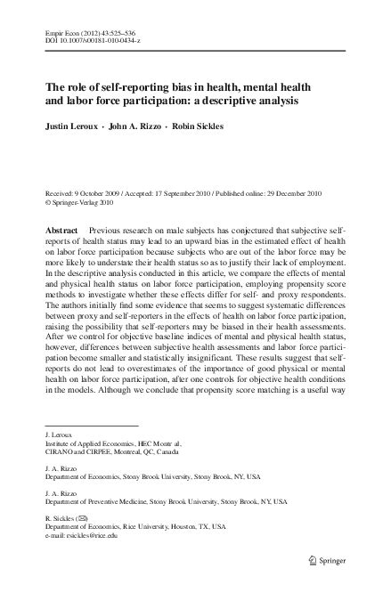 Pdf The Role Of Self Reporting Bias In Health Mental Health And Labor Force Participation A