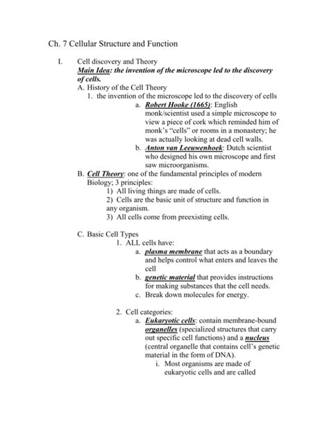 Cell Structure And Function Lecture Notes