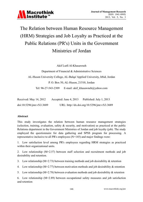 Pdf The Relation Between Human Resource Management Hrm Strategies And Job Loyalty As