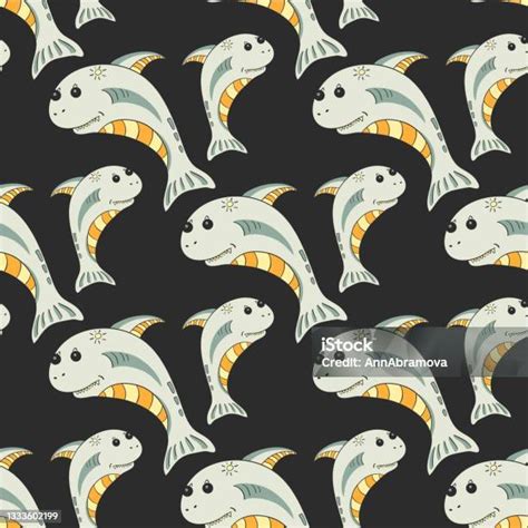 귀여운 상어와 원활한 패턴 바다 생물 벡터 일러스트레이션 돌고래에 대한 스톡 벡터 아트 및 기타 이미지 돌고래 라벨 모양
