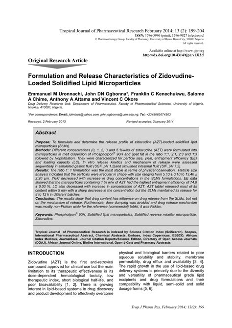 Pdf Formulation And Release Characteristics Of Zidovudine Loaded