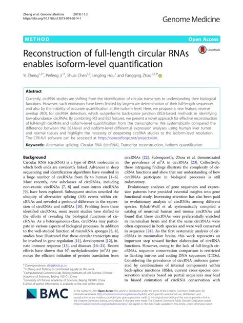 Pdf Reconstruction Of Full Length Circular Rnas Enables · Method Open Access