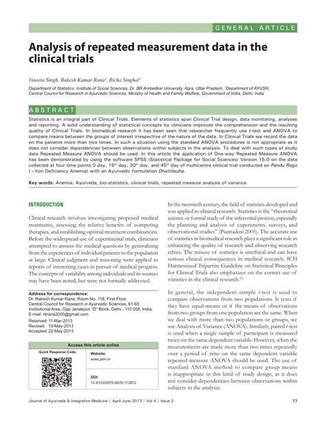 Pdf Analysis Of Repeated Measurement Data In The Clinical Trials