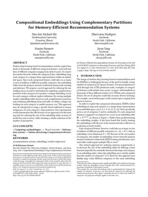 Compositional Embeddings Using Complementary Partitions For Memory