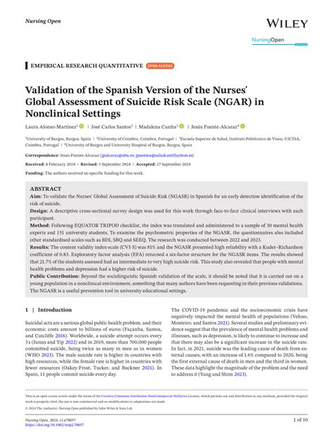 Pdf Validation Of The Spanish Version Of The Nurses Global Assessment Of Suicide Risk Scale