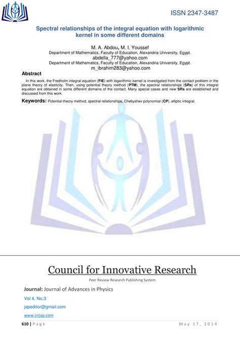 Pdf Spectral Relationships Of The Integral Equation With Logarithmic Kernel In Some Different