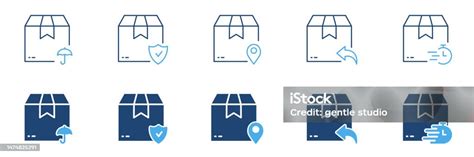 배달 서비스 선적 실루엣 및 라인 아이콘 세트에 대 한 판지 소포 상자 골판지 포장 우편 배송 글리프 기호입니다 운송 화물 제품 팩 기호입니다 고립된 벡터 그림 거절에 대한