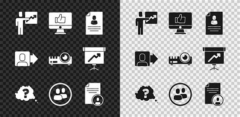 팀 리더 손 좋아요 이력서 물음표 프로젝트 팀 베이스 및 미디어 프로젝터 아이콘을 설정합니다 벡터 개념에 대한 스톡 벡터 아트