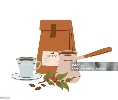 손으로 그린 커피 컵 종이 봉지 콩 및 Cezve 벡터 그림 가방에 대한 스톡 벡터 아트 및 기타 이미지 가방 구이 그래픽 프린트 Istock