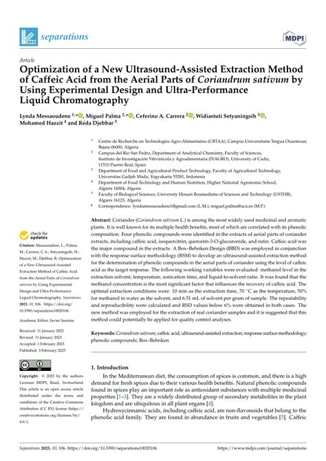 Pdf Optimization Of A New Ultrasound Assisted Extraction Method Of Caffeic Acid From The
