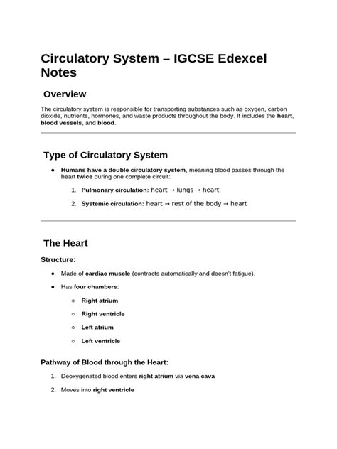Circulatory System Igcse Edexcel Notes Pdf Circulatory System Heart