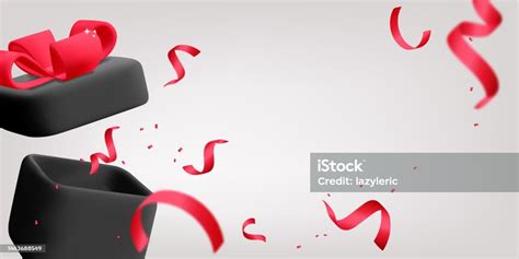 휴일 이벤트 축제 오픈 블랙 선물 상자 및 비행 빨간 색종이 디자인으로 할인 판매를 위한 3d 벡터 배너 템플릿 3차원 형태에 대한 스톡 벡터 아트 및 기타 이미지 Istock