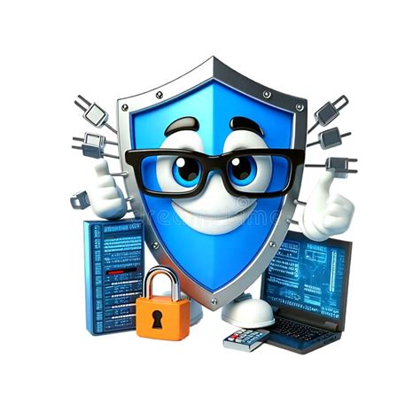 Cybersecurity Shield Mascot With Glasses And Server Laptop And Padlock